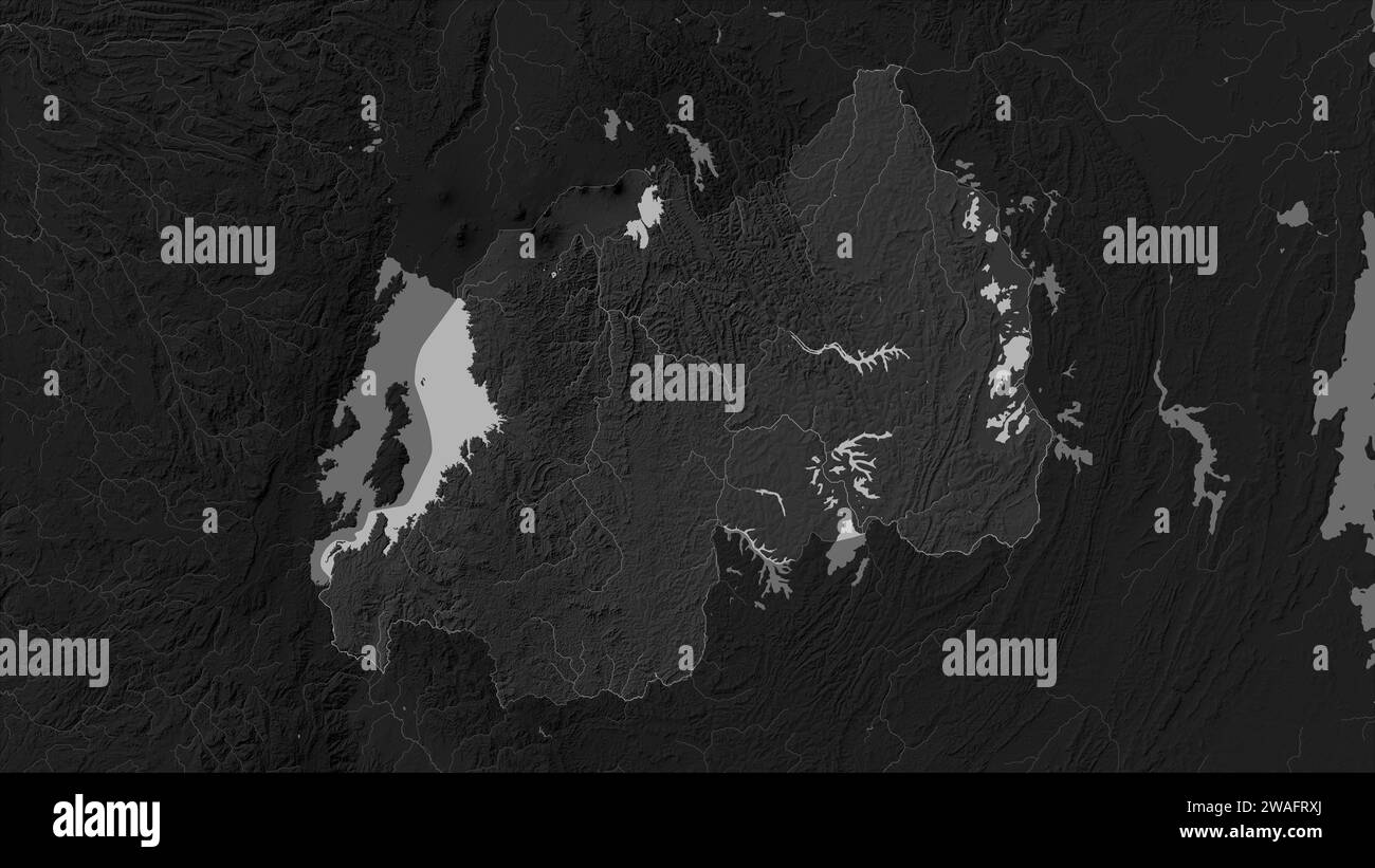 Rwanda highlighted on a Grayscale elevation map with lakes and rivers ...