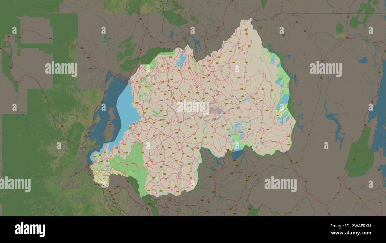 Rwanda highlighted on a topographic, OSM Germany style map Stock Photo - Alamy