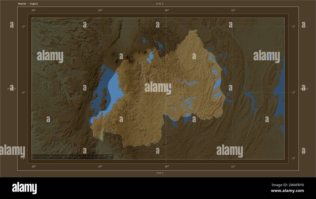 Rwanda highlighted on a Colored elevation map with lakes and rivers map ...
