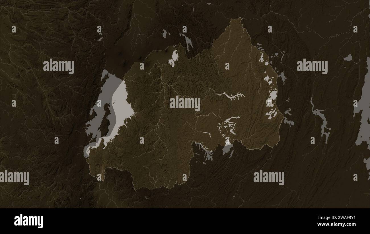 Rwanda highlighted on a elevation map colored in sepia tones with lakes ...
