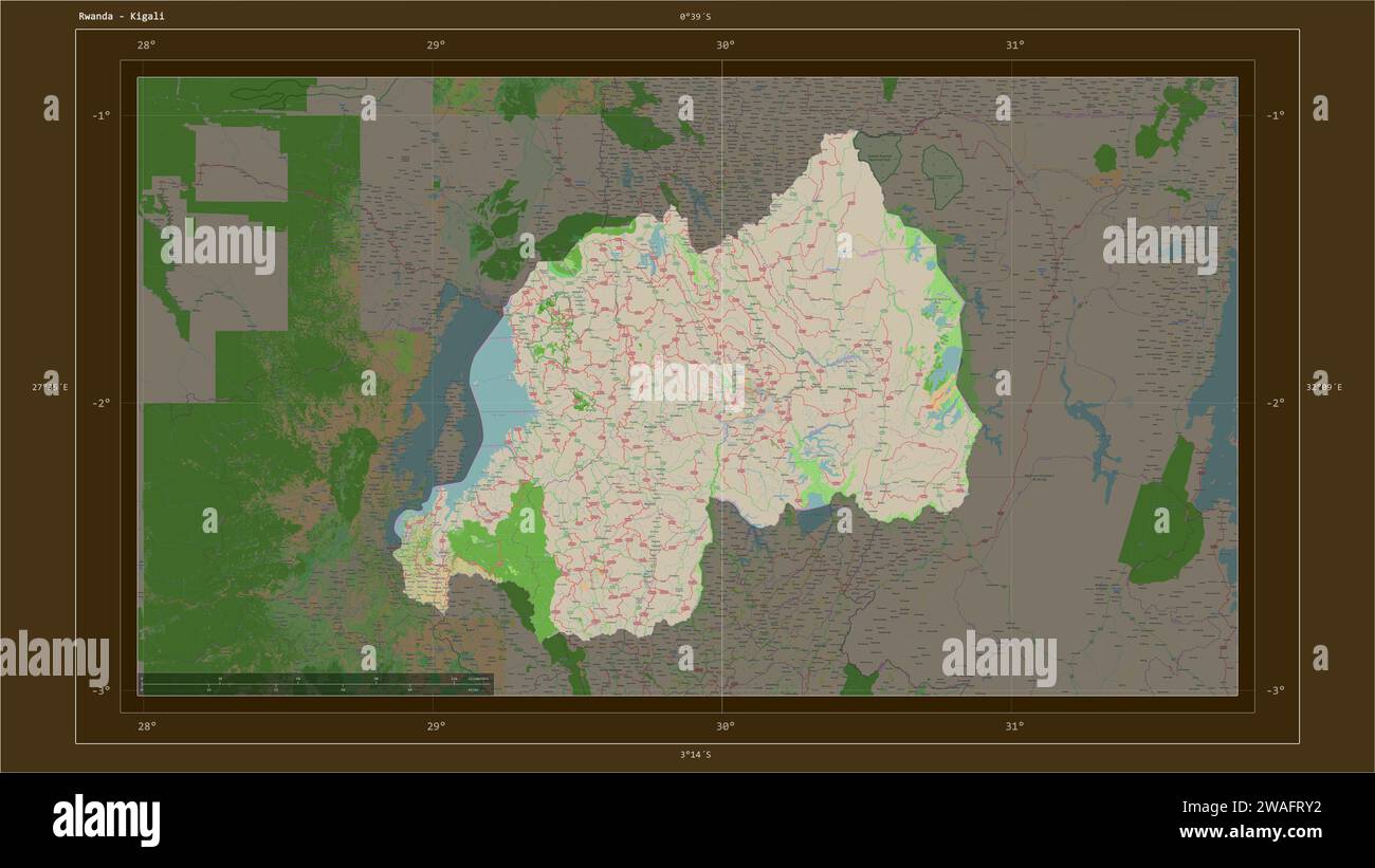 Rwanda highlighted on a topographic, OSM France style map map with the ...