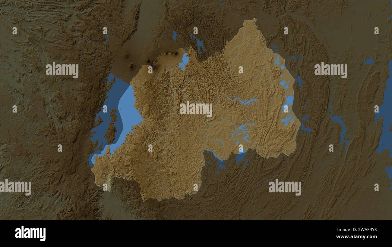 Rwanda highlighted on a Colored elevation map with lakes and rivers ...