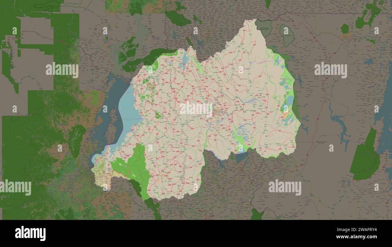 Rwanda highlighted on a topographic, OSM France style map Stock Photo ...
