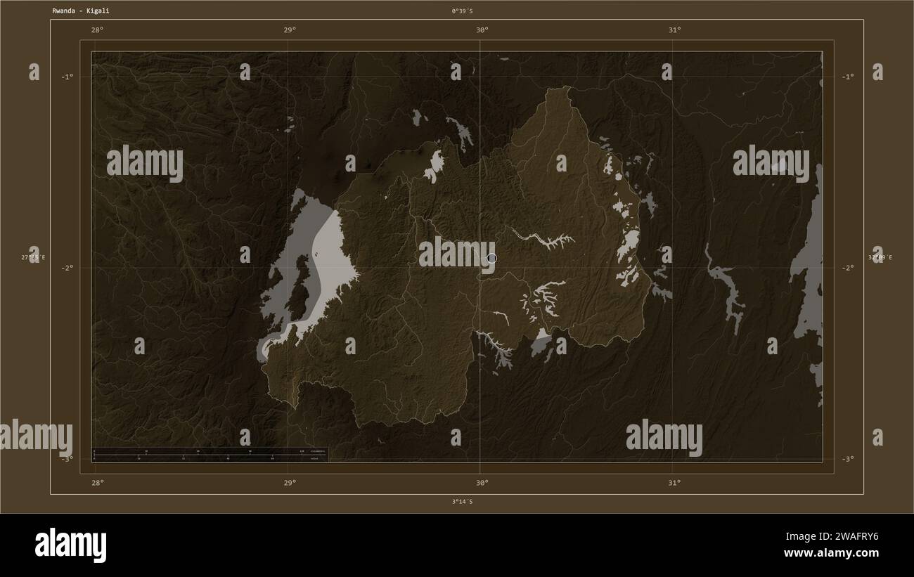 Rwanda highlighted on a elevation map colored in sepia tones with lakes ...
