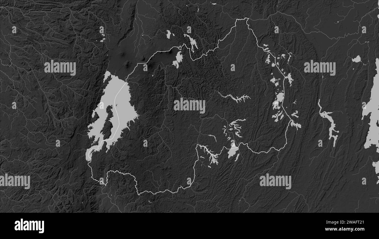 Rwanda outlined on a Grayscale elevation map with lakes and rivers ...