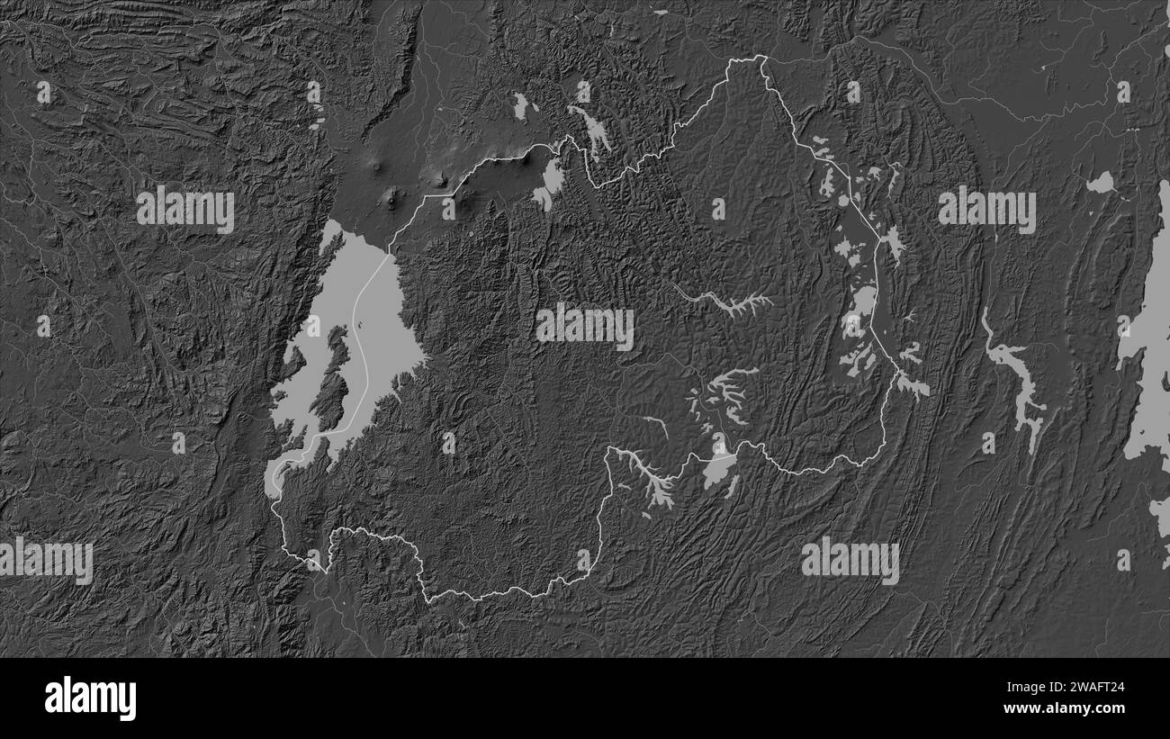 Rwanda outlined on a Bilevel elevation map with lakes and rivers Stock ...