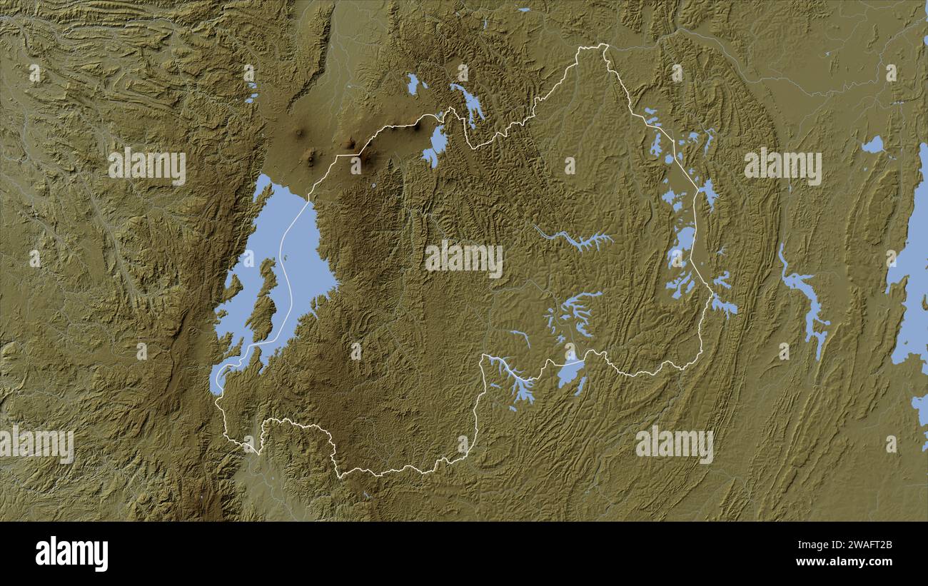 Rwanda outlined on a Pale colored elevation map with lakes and rivers ...