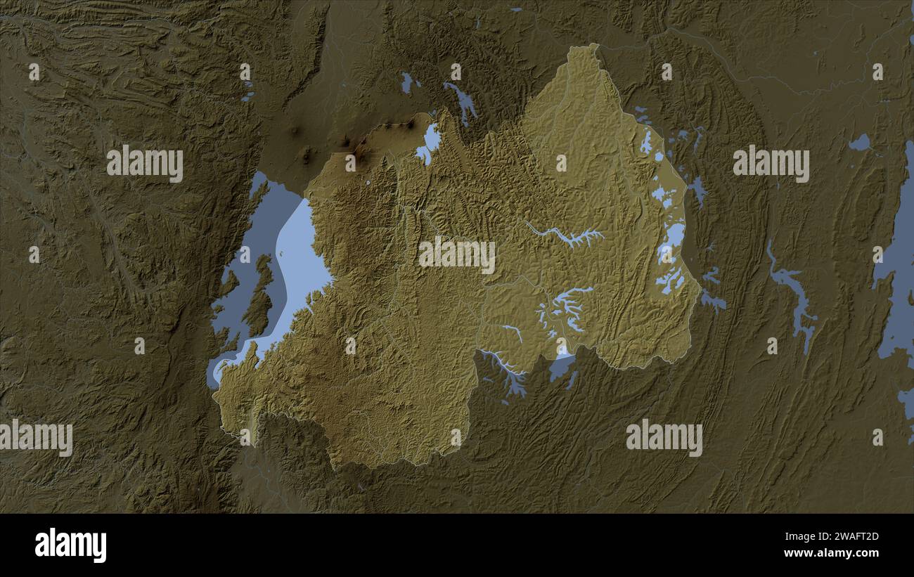 Rwanda highlighted on a Pale colored elevation map with lakes and ...