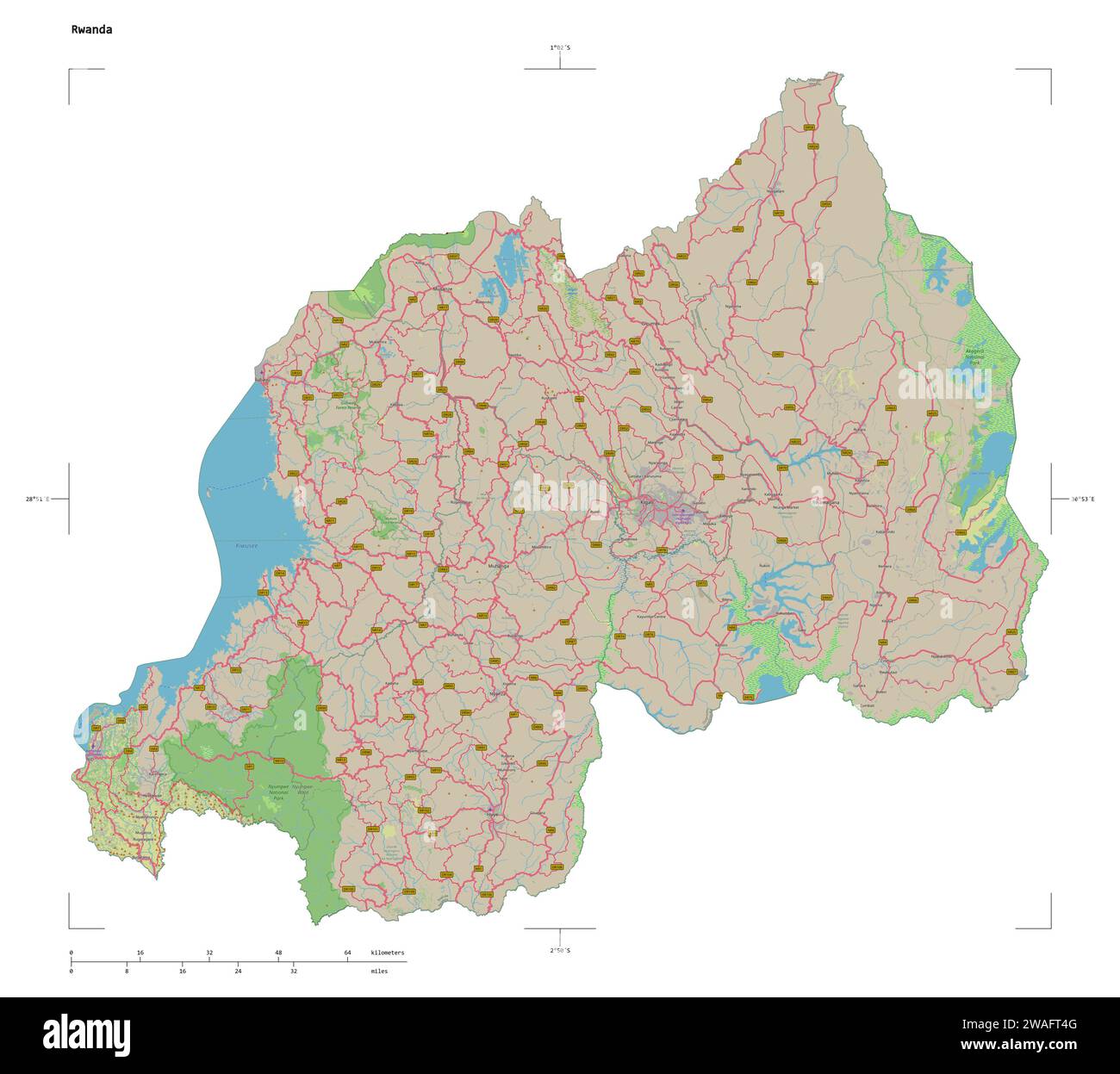 Shape of a topographic, OSM Germany style map of the Rwanda, with ...