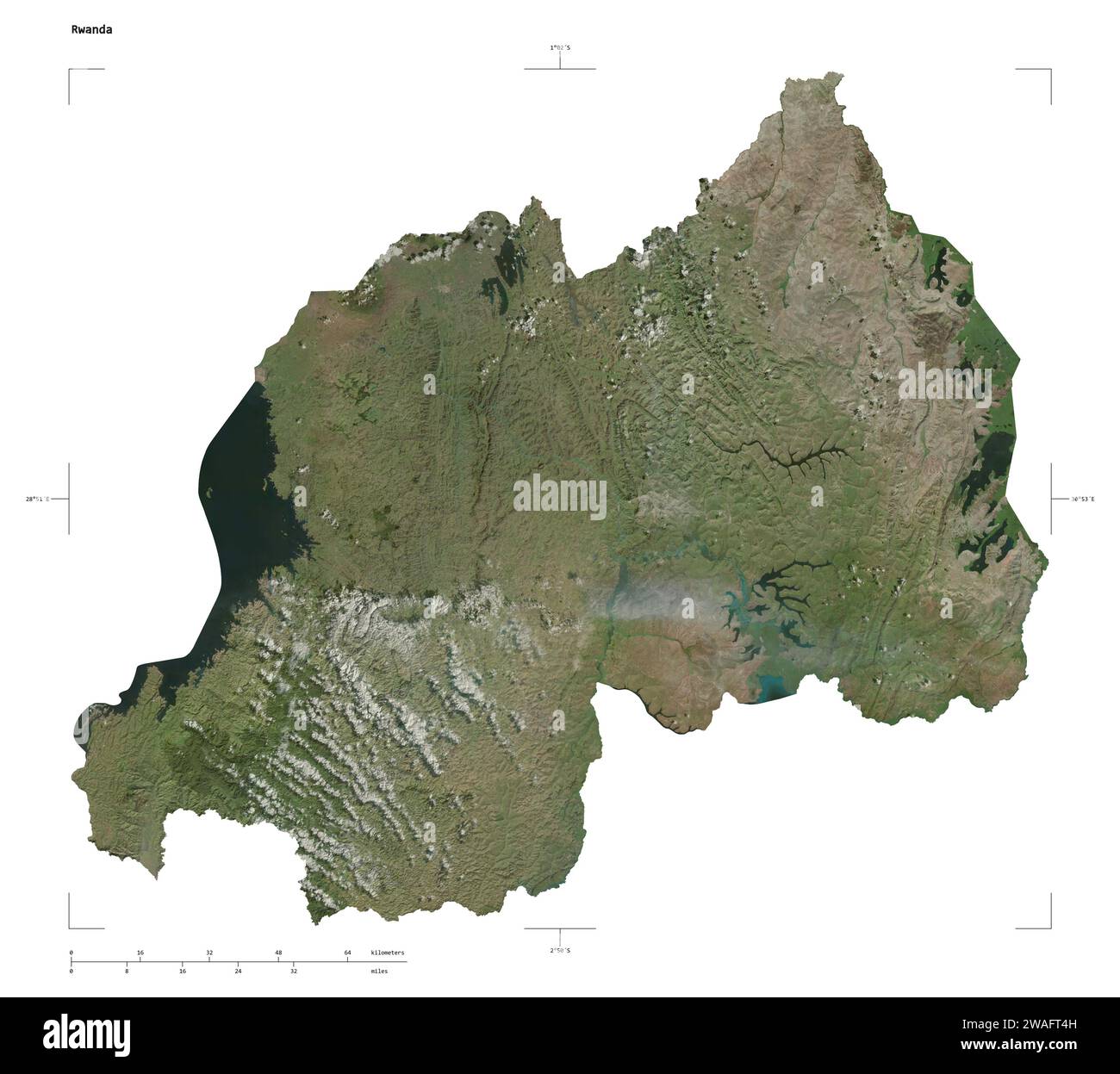 Shape of a high resolution satellite map of the Rwanda, with distance ...