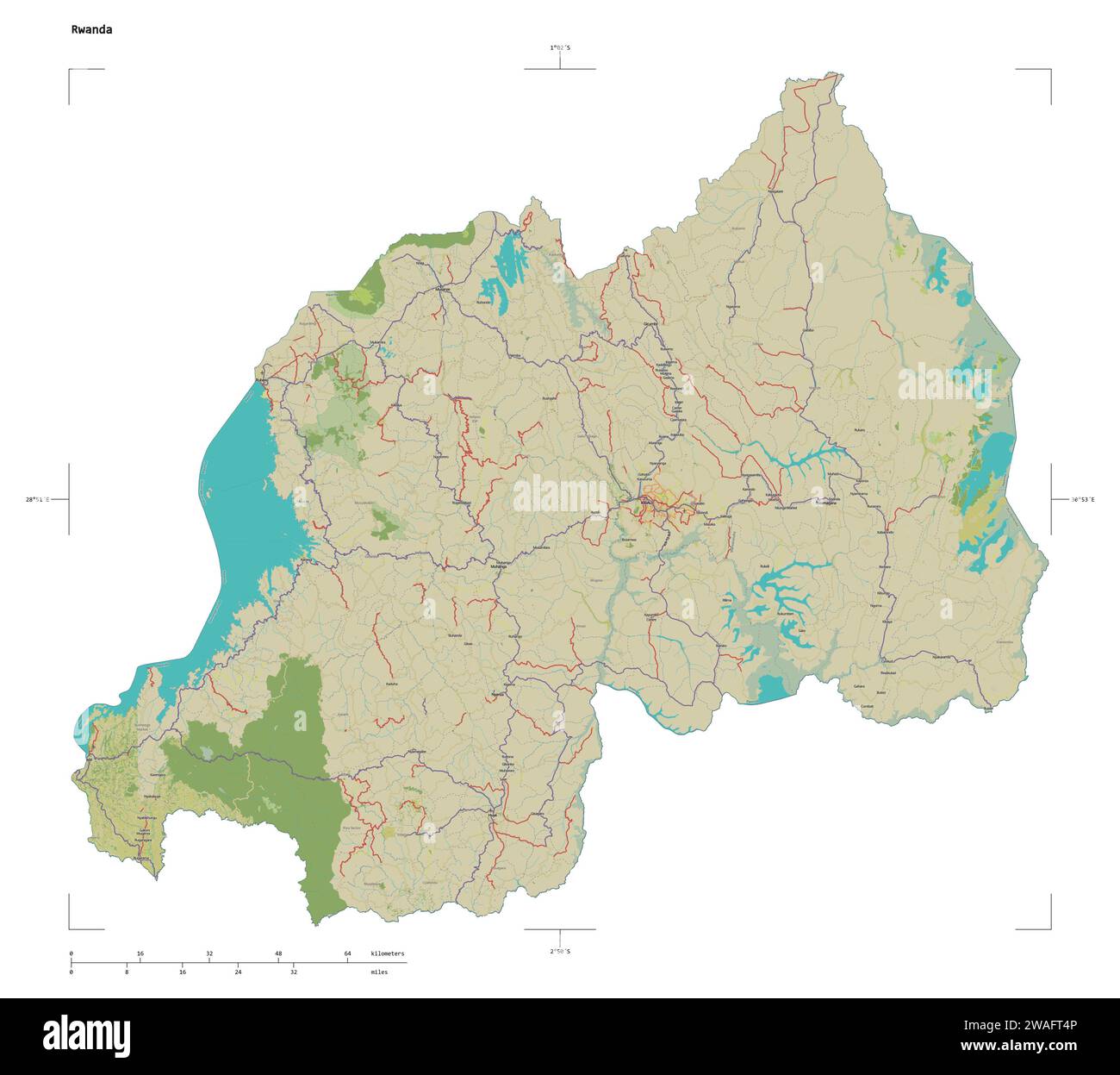 Shape of a topographic, OSM Humanitarian style map of the Rwanda, with ...