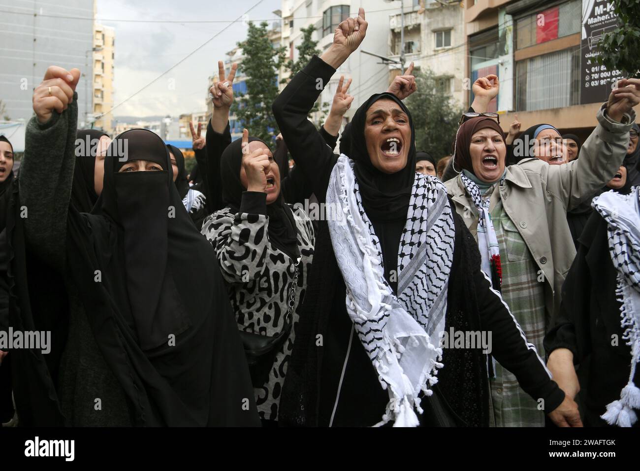 Beirut, Lebanon. 04th Jan, 2024. Palestinian women chant slogans during ...