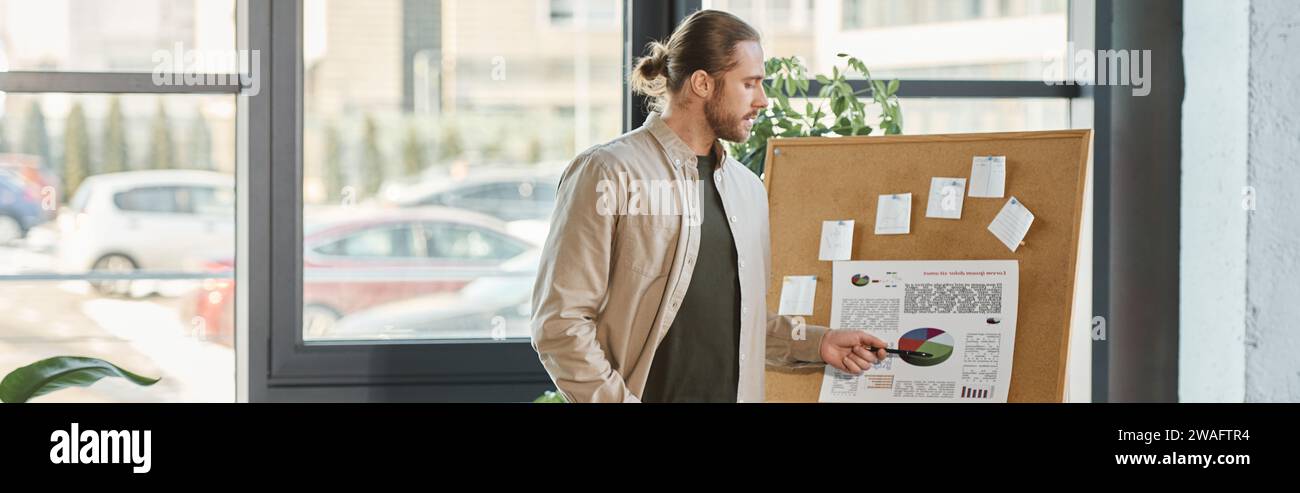 creative businessman pointing at flip chart with infographics during ...