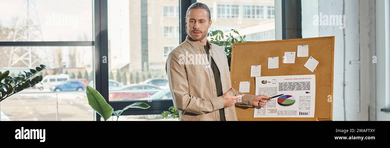 modern businessman pointing at flip chart with infographics in modern ...