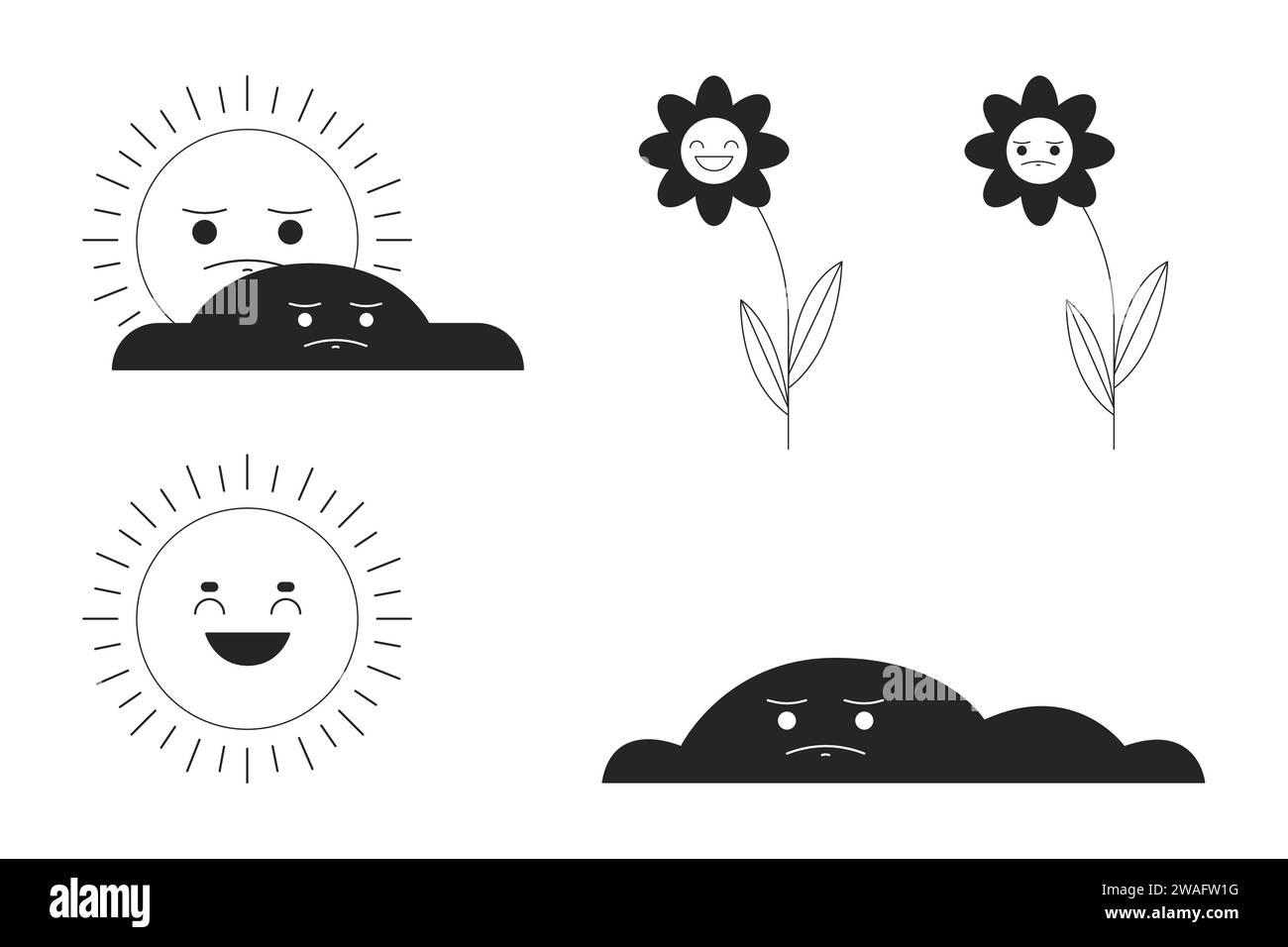 Weather seasons changing black and white 2D line cartoon characters set ...