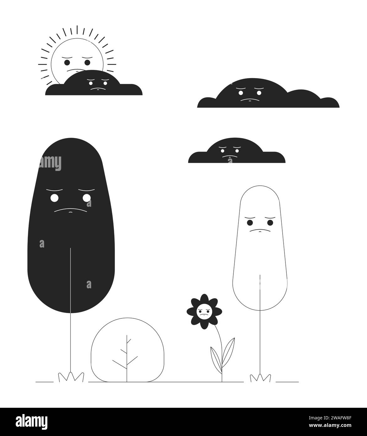 Sad plants in gloomy weather black and white cartoon flat illustration ...