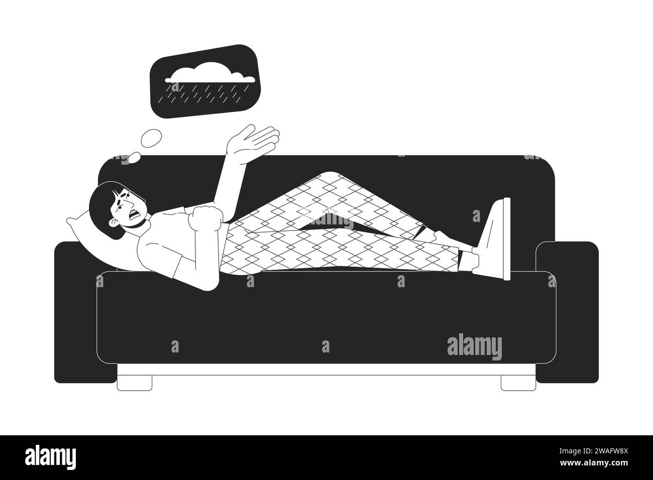 Depressed female patient lying on sofa black and white 2D line cartoon ...