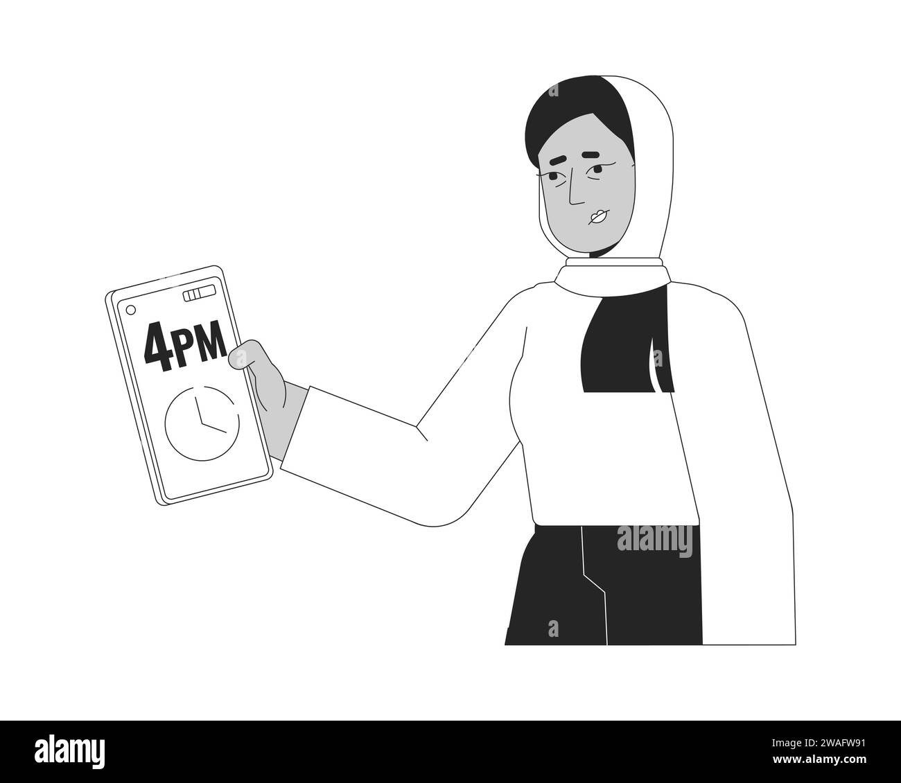 Exhausted hijab woman checking time on cellphone black and white 2D ...