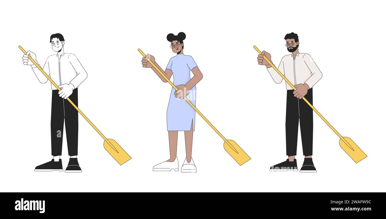 Formal diverse adults rowing paddles 2D linear cartoon characters set ...