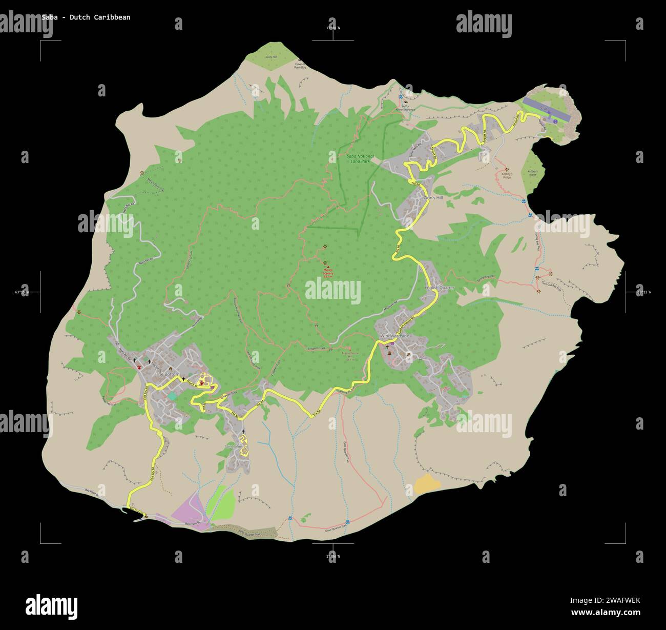 Shape of a topographic, OSM Germany style map of the Saba - Dutch ...