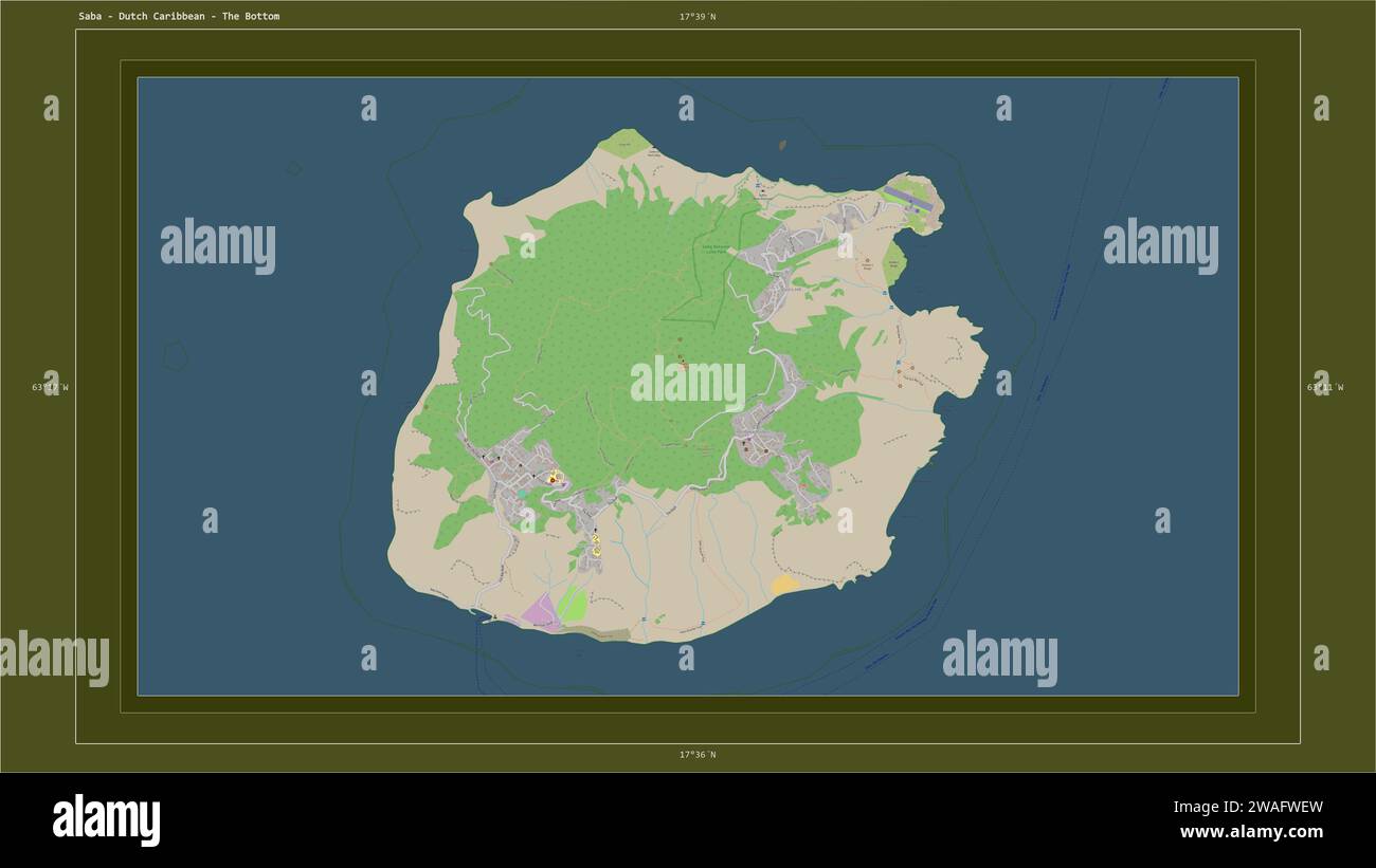 Saba - Dutch Caribbean highlighted on a topographic, OSM standard style ...