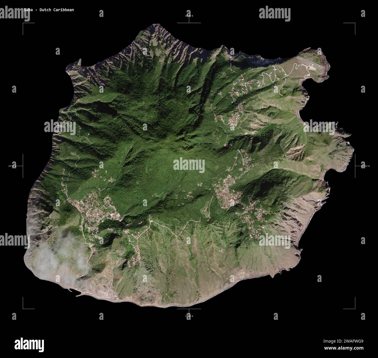 Shape of a low resolution satellite map of the Saba - Dutch Caribbean, with distance scale and ...