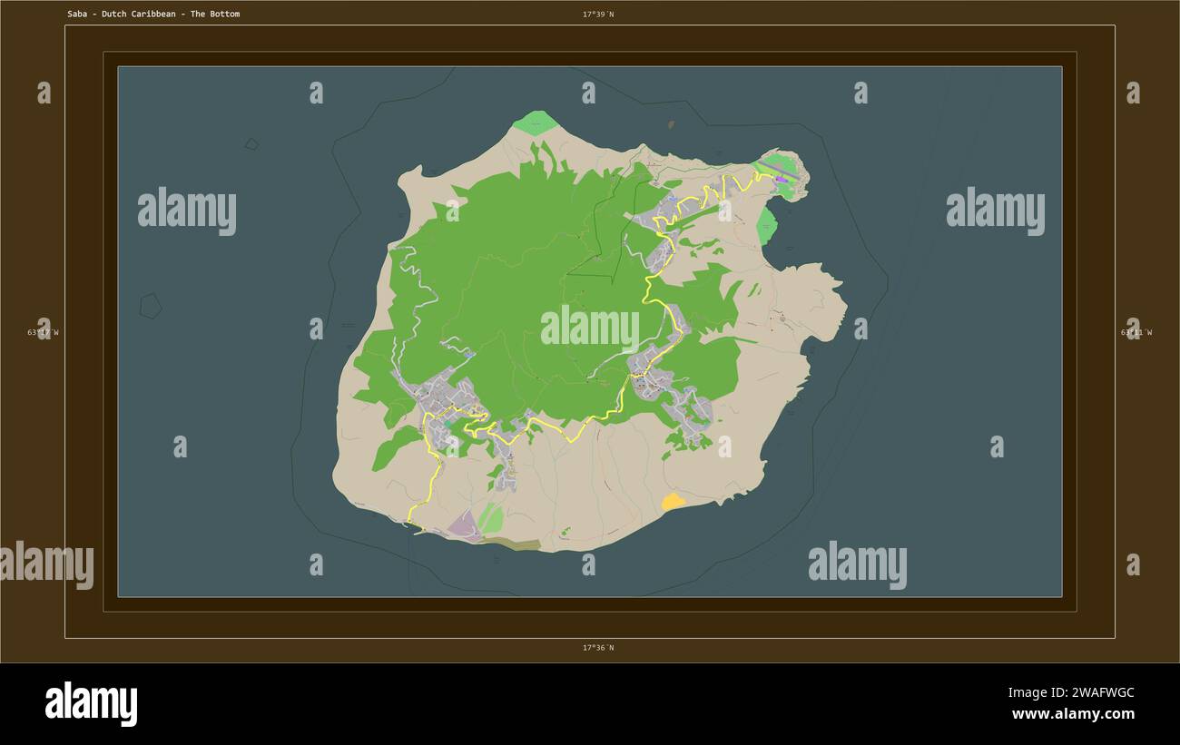 Saba - Dutch Caribbean highlighted on a topographic, OSM France style ...