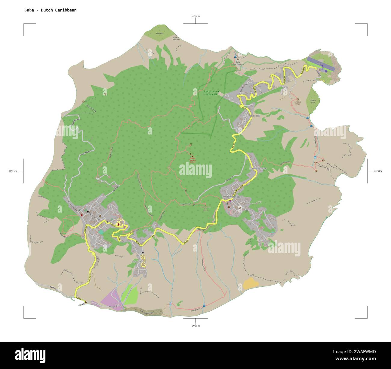 Shape of a topographic, OSM Germany style map of the Saba - Dutch Caribbean, with distance scale ...