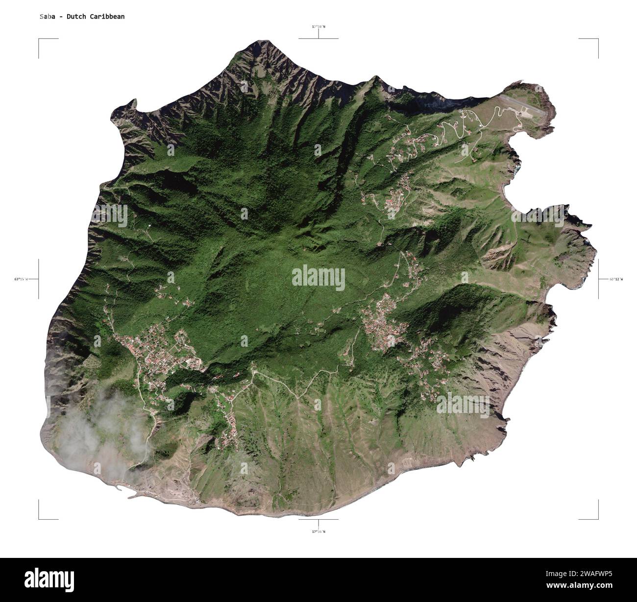 Shape of a low resolution satellite map of the Saba - Dutch Caribbean, with distance scale and ...