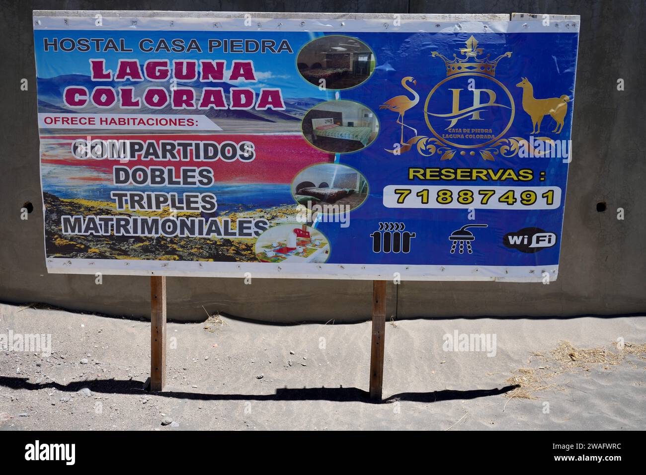 Tourist Information sign about The Red Lagoon. Laguna Colorada, Bolivia ...
