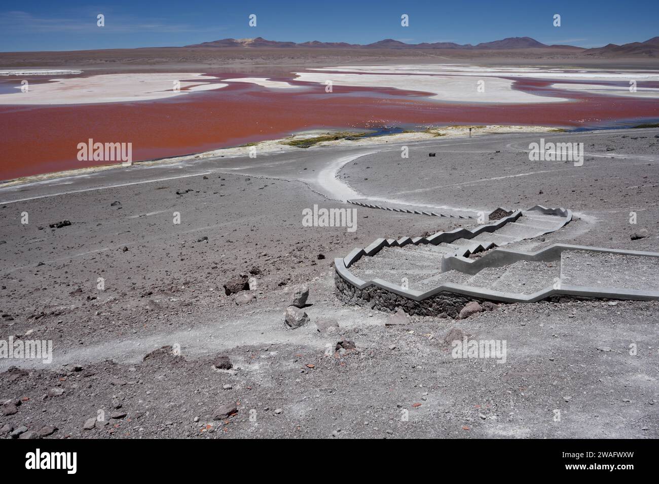 Steps leading down to the edge of the lagoon. Laguna Colorada, Bolivia ...