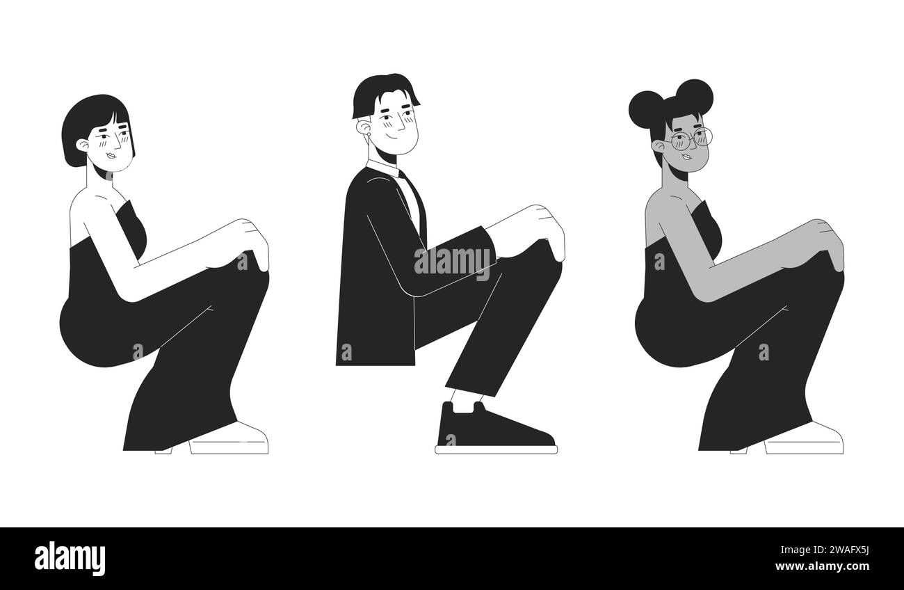 Prom girls and boy black and white 2D line cartoon characters set Stock ...