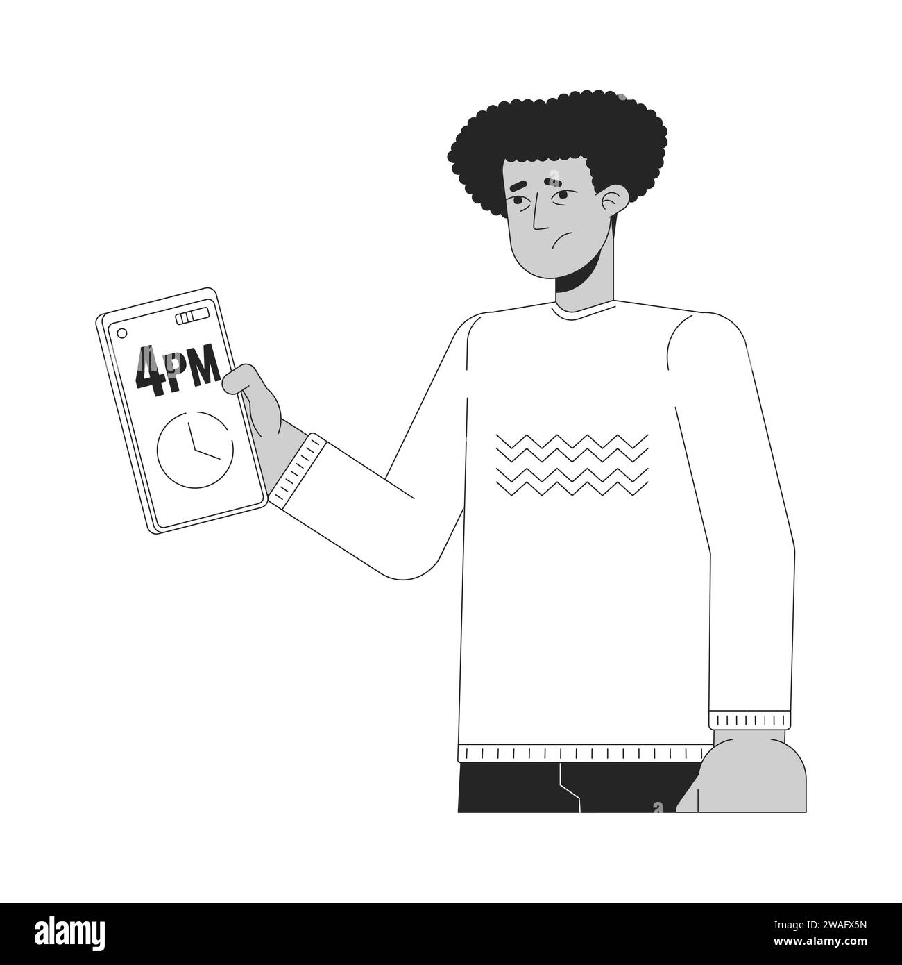 Tired hispanic man checking time on phone black and white 2D line ...