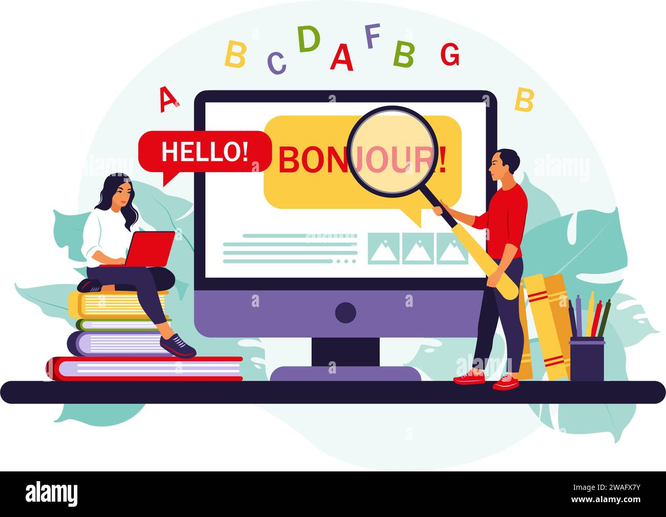 Translator and translation service concept. People using online translation. Translating foreign ...