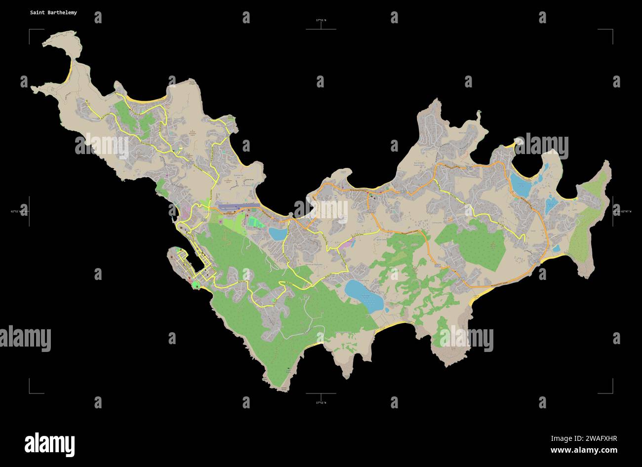 Shape of a topographic, OSM Germany style map of the Saint Barthelemy, with distance scale and ...