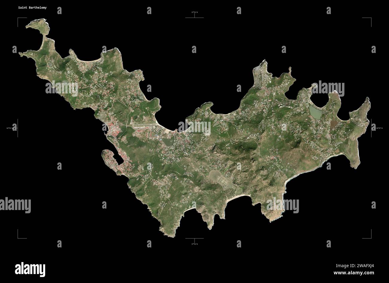 Shape of a low resolution satellite map of the Saint Barthelemy, with distance scale and map ...