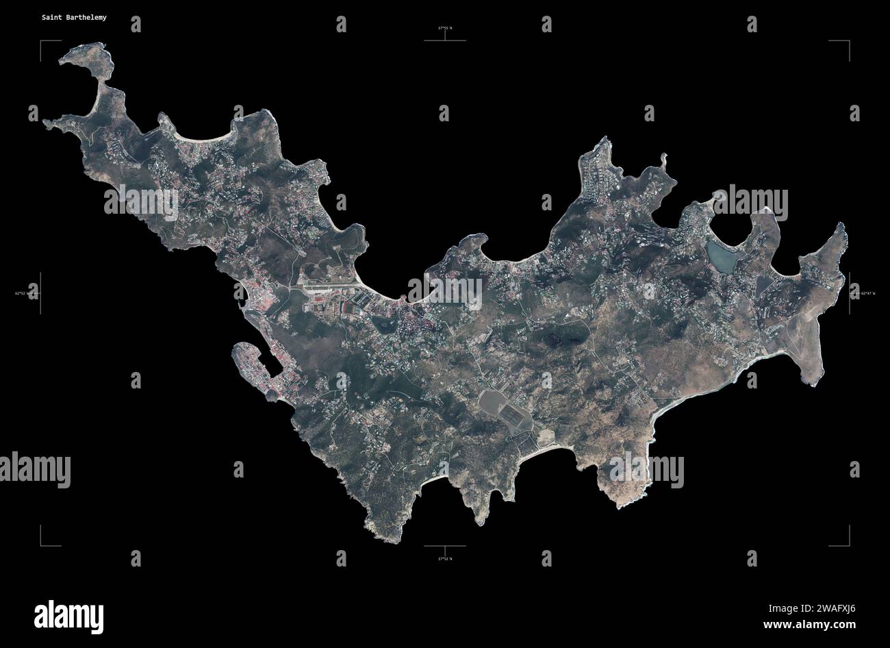 Shape of a high resolution satellite map of the Saint Barthelemy, with distance scale and map ...