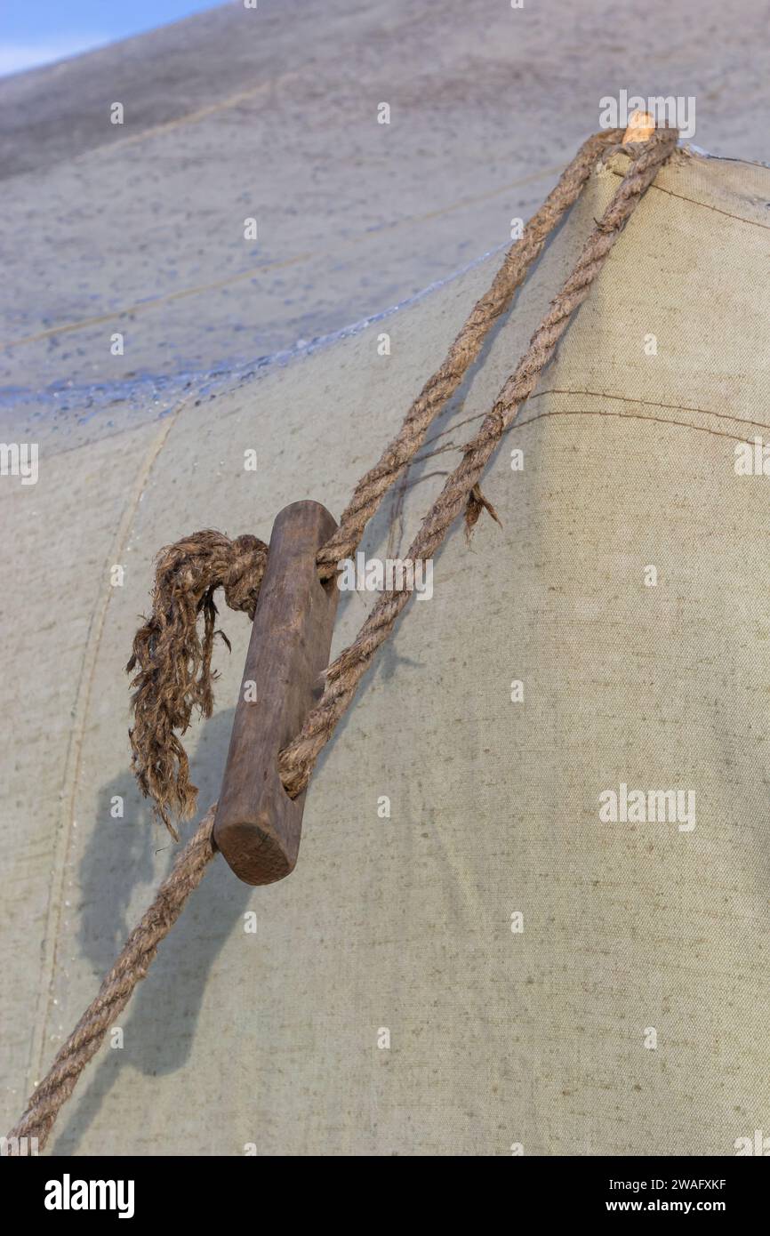 Ropes for attaching mobile army tents. Fasteners of prefabricated ...