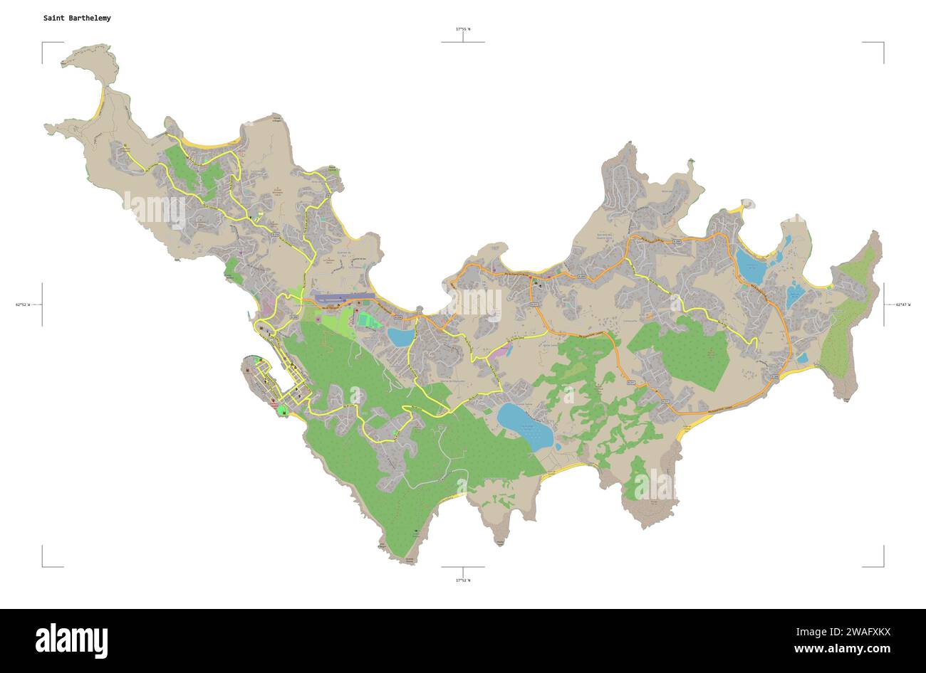 Shape of a topographic, OSM Germany style map of the Saint Barthelemy ...