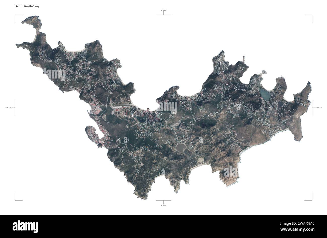 Shape of a high resolution satellite map of the Saint Barthelemy, with distance scale and map ...