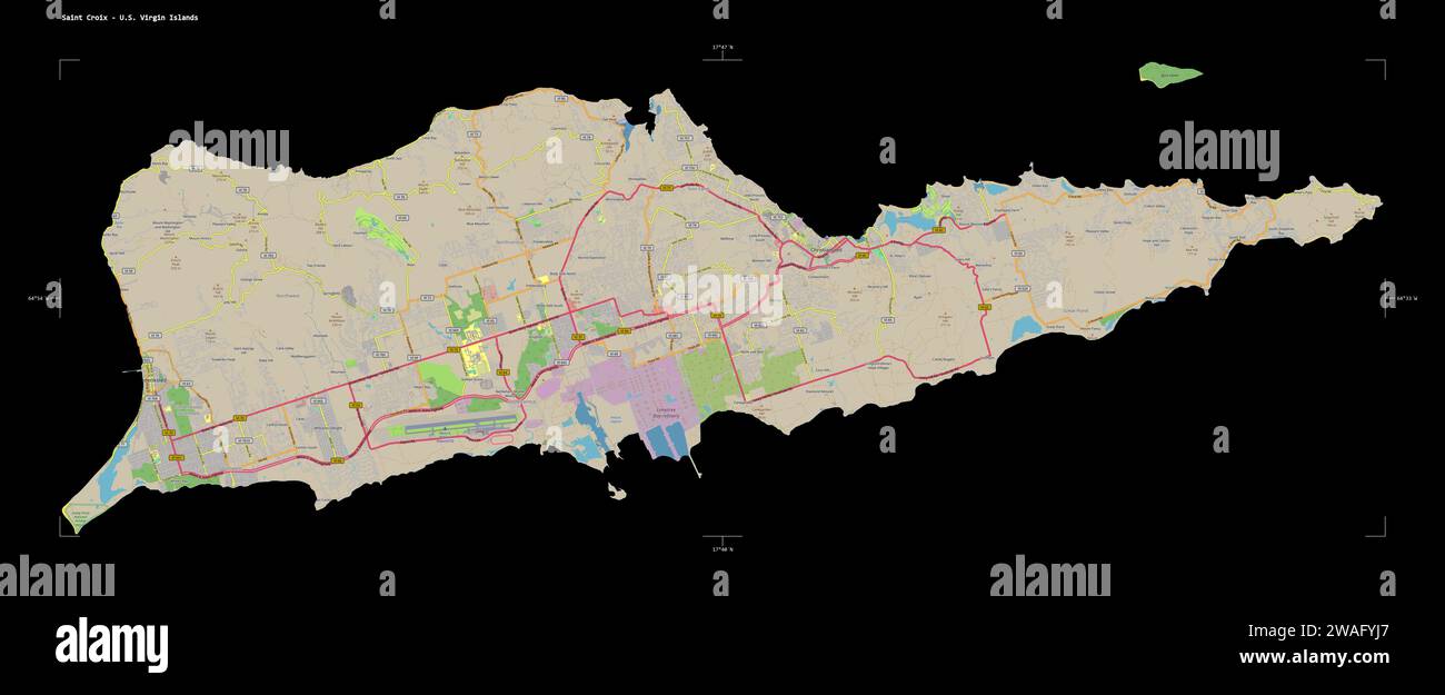 Shape of a topographic, OSM Germany style map of the Saint Croix - U.S. Virgin Islands, with ...