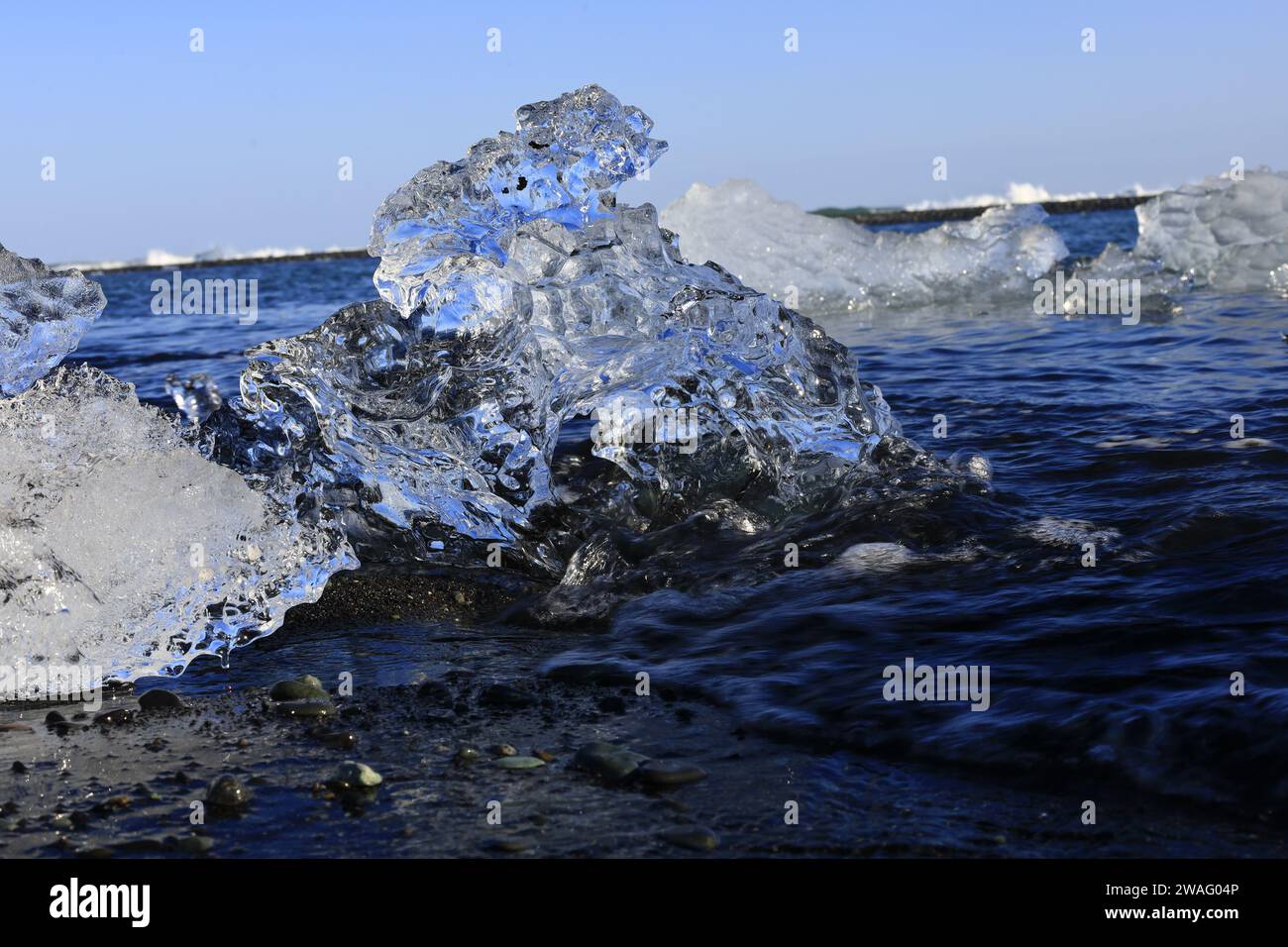 View on a iceberg on the Diamond Beach located south of the Vatnajökull ...