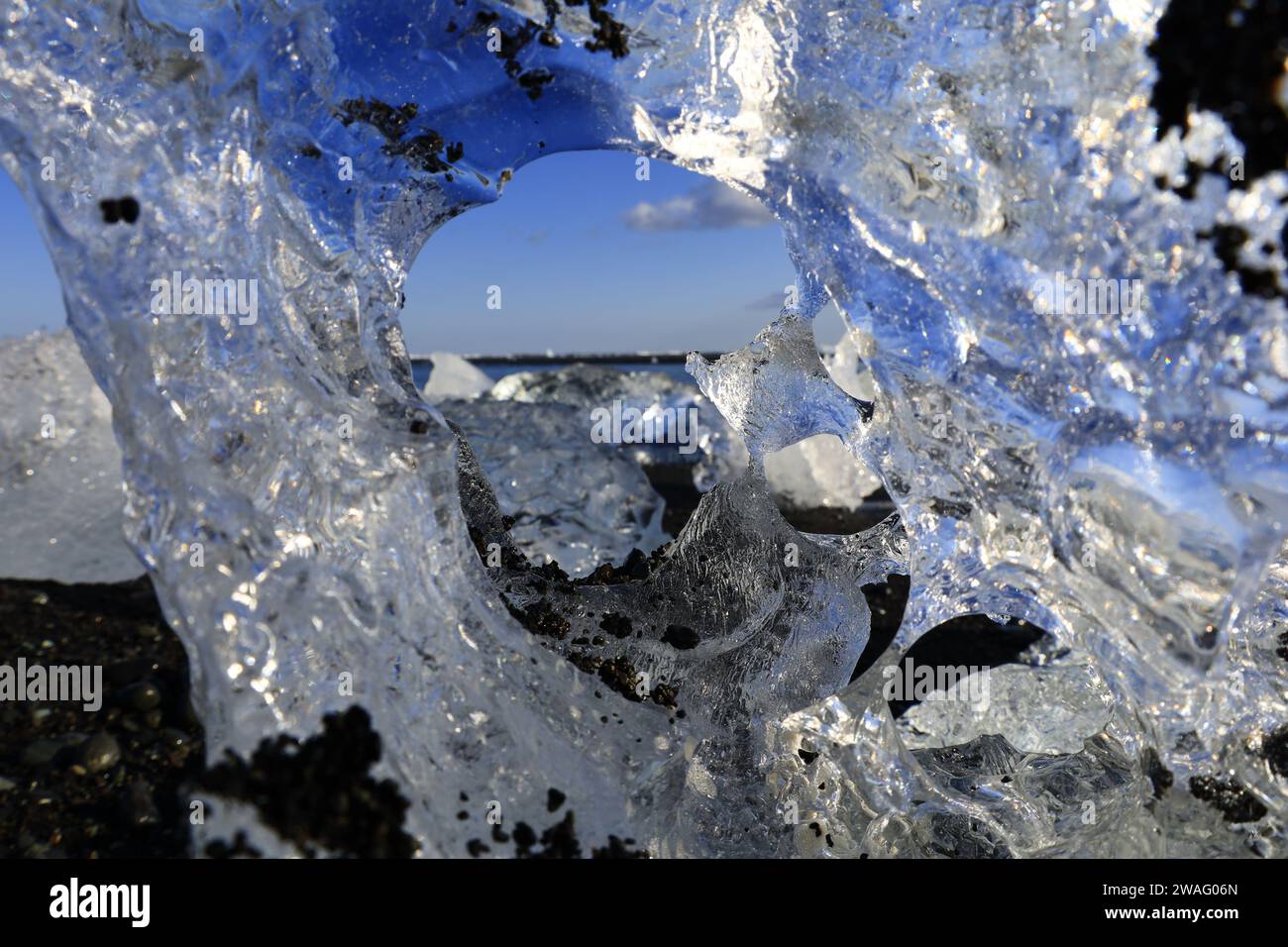 View on a iceberg on the Diamond Beach located south of the Vatnajökull ...