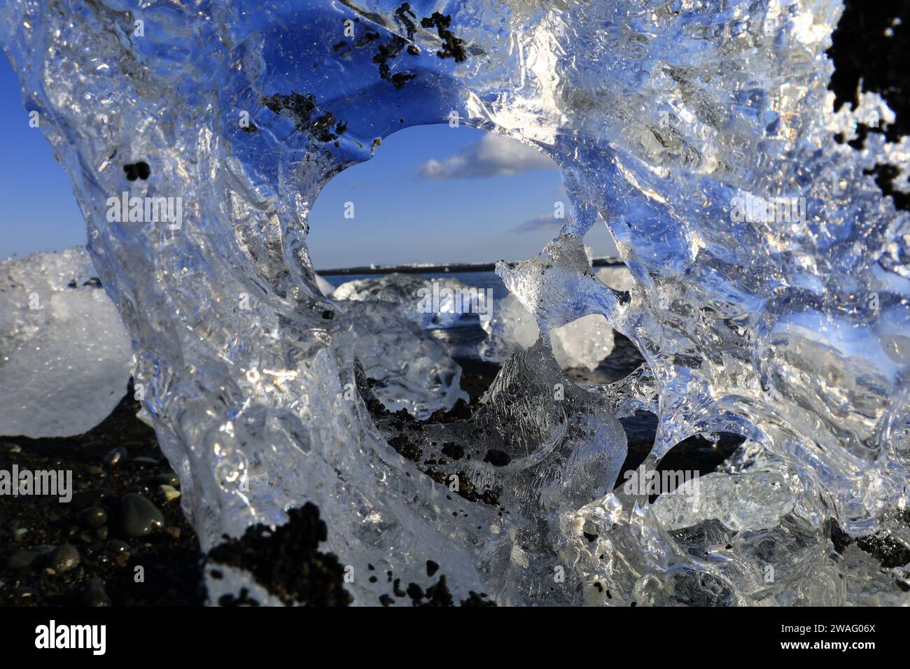 View on a iceberg on the Diamond Beach located south of the Vatnajökull ...
