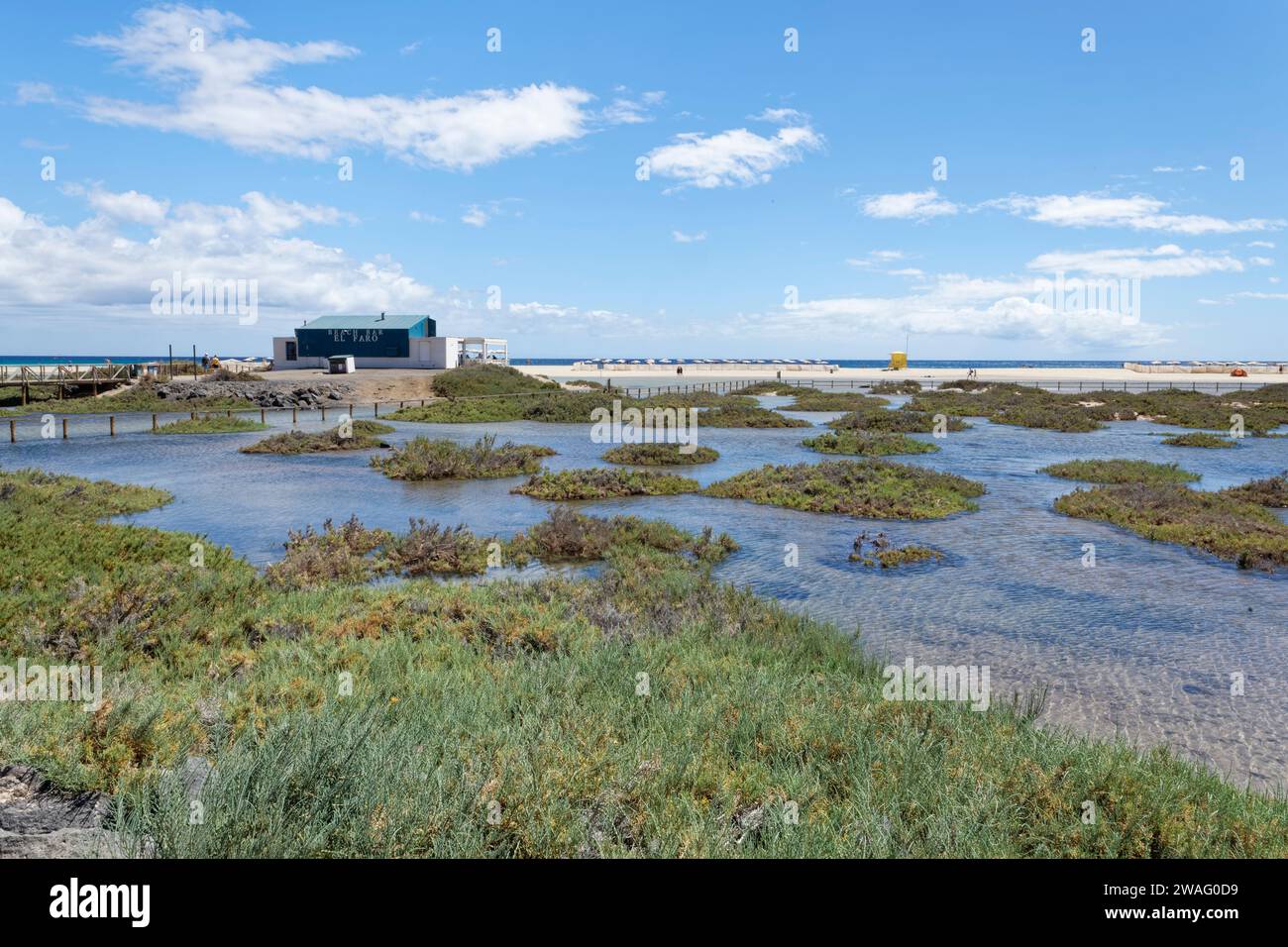 Salt marsh and El Faro bar behind Matorral Beach, Morro Jable ...