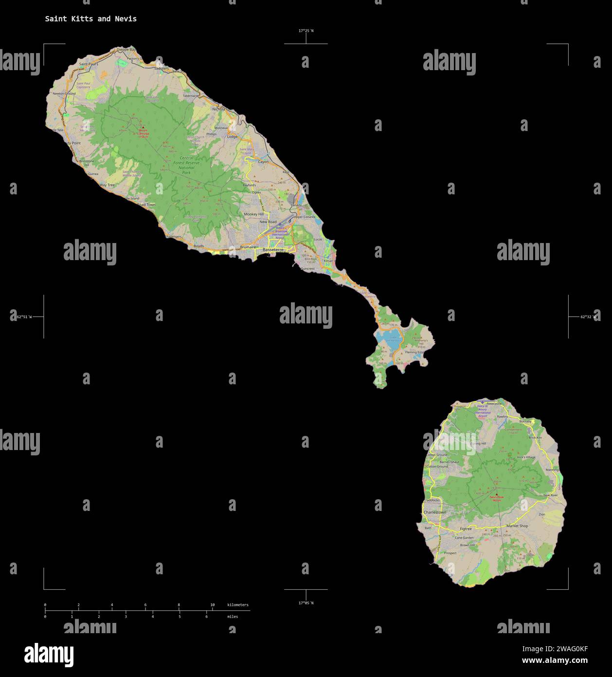 Shape of a topographic, OSM standard style map of the Saint Kitts and Nevis, with distance scale ...
