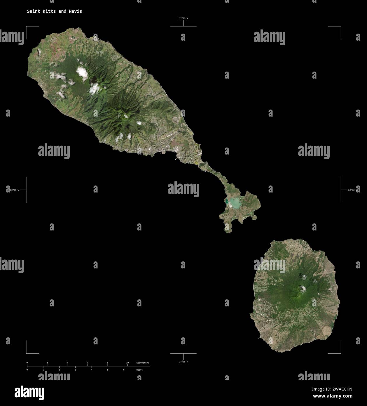 Shape of a high resolution satellite map of the Saint Kitts and Nevis ...