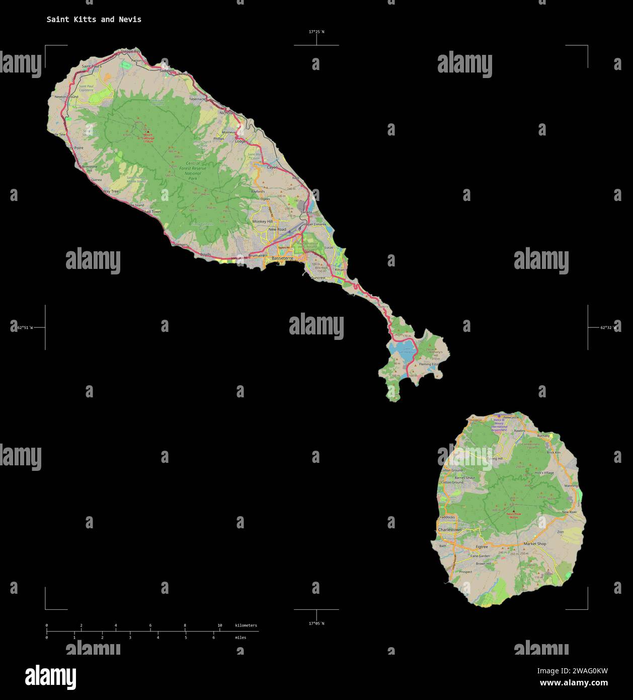Shape of a topographic, OSM Germany style map of the Saint Kitts and ...