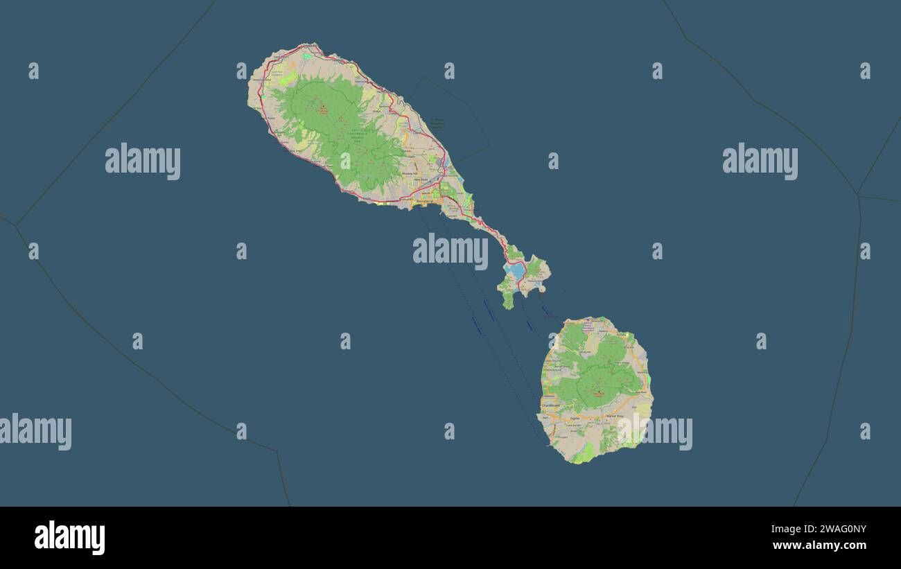 Saint Kitts and Nevis highlighted on a topographic, OSM Germany style map Stock Photo - Alamy