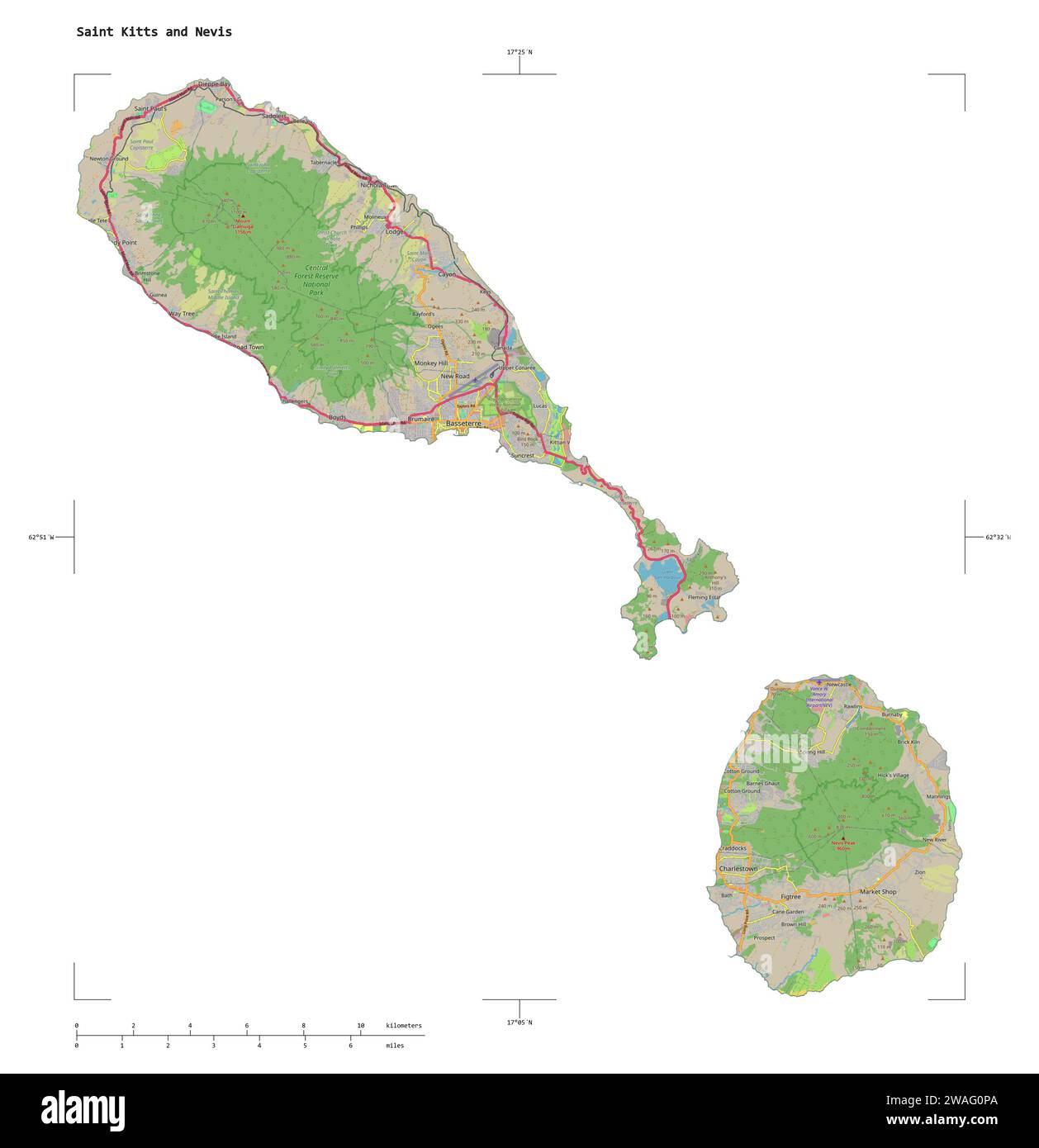 Shape of a topographic, OSM Germany style map of the Saint Kitts and ...